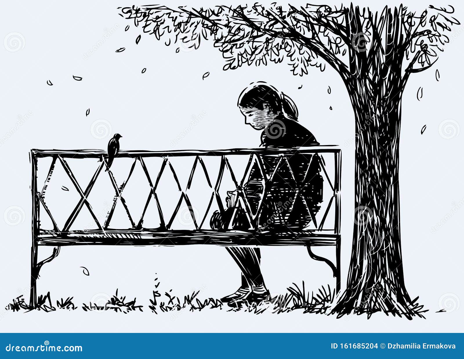 Dessin Dune Jeune Femme Assise Sur Un Banc De Parc Et Tristesse