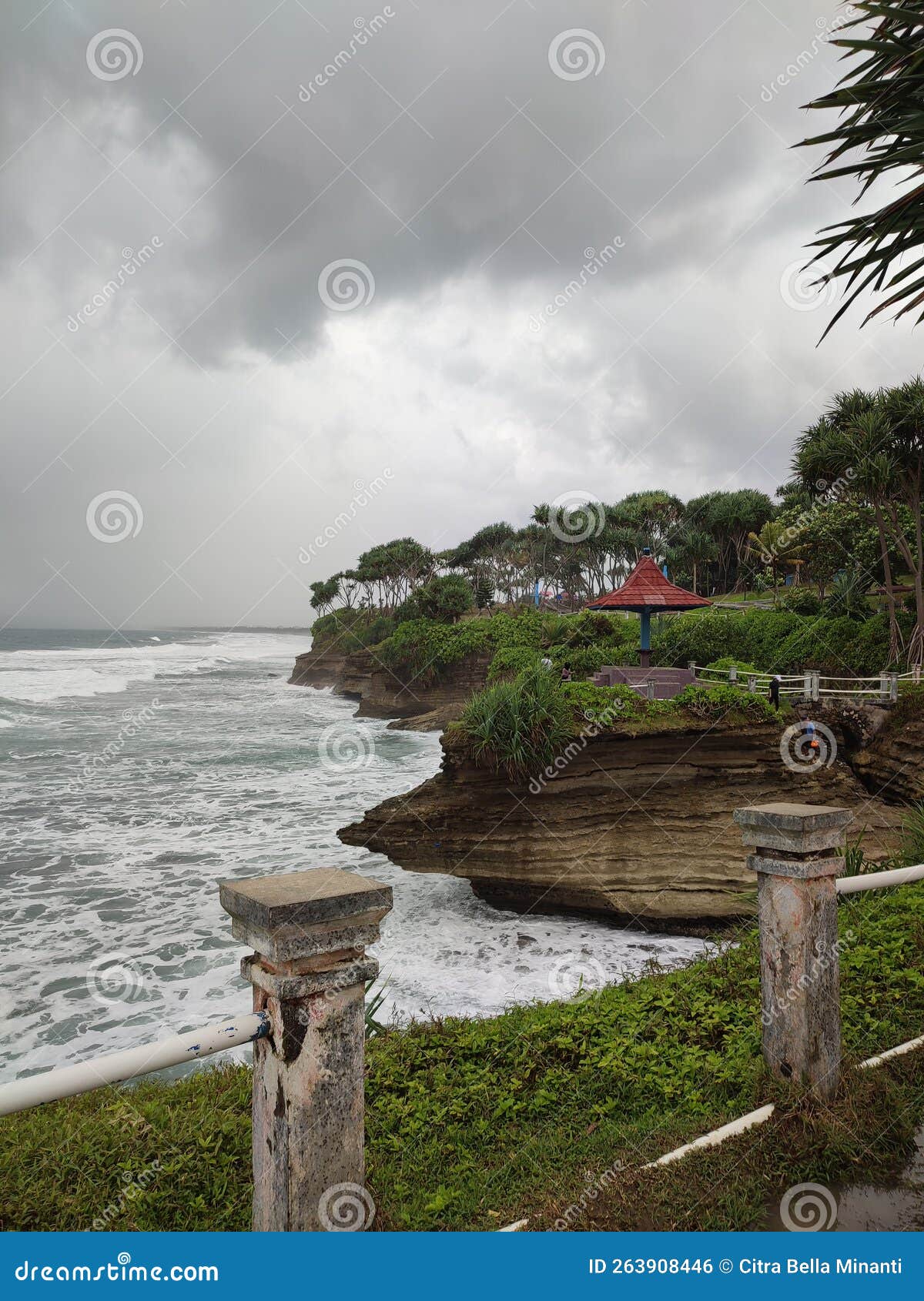 Destination Batu Hiu Beach in Pangandaran Stock Photo - Image of tree ...