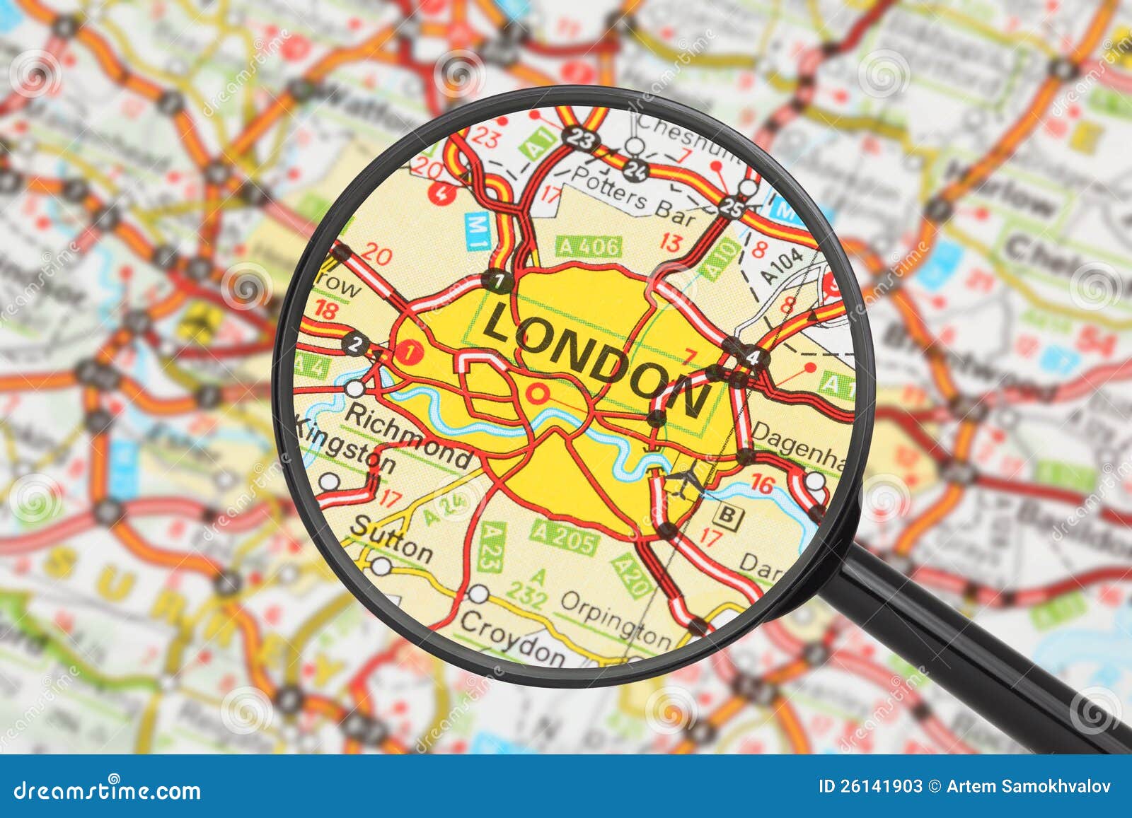 Destination - London (with Magnifying Glass) Stock Image - Image of ...