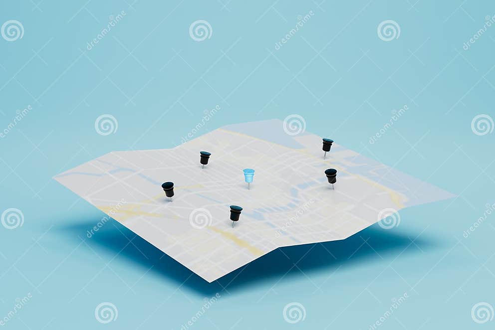 Destination Points Marked on the Map. Map with Buttons on a Blue ...
