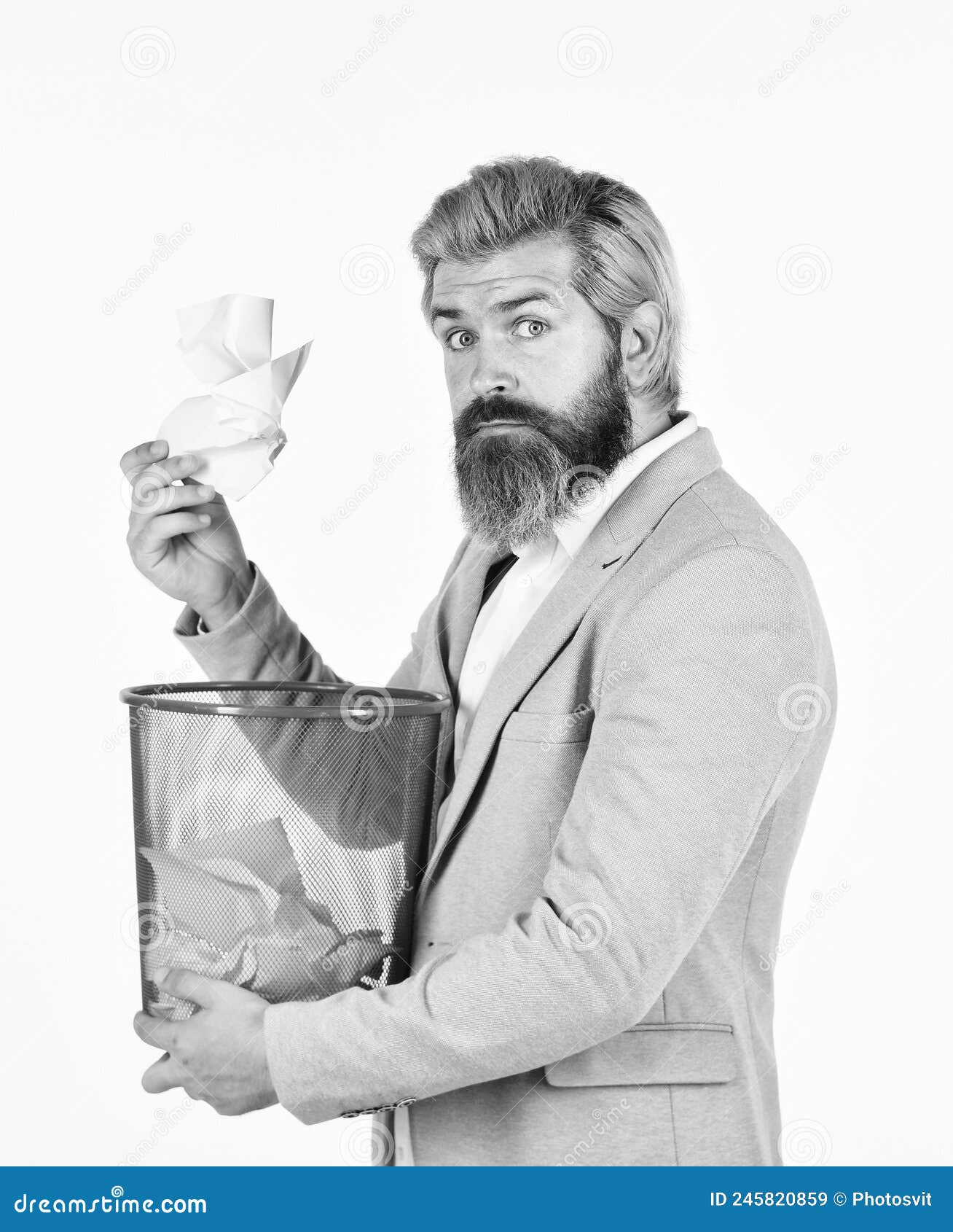 Destroy Evidence. Man Look for Lost Document in Paper Bin. Office ...