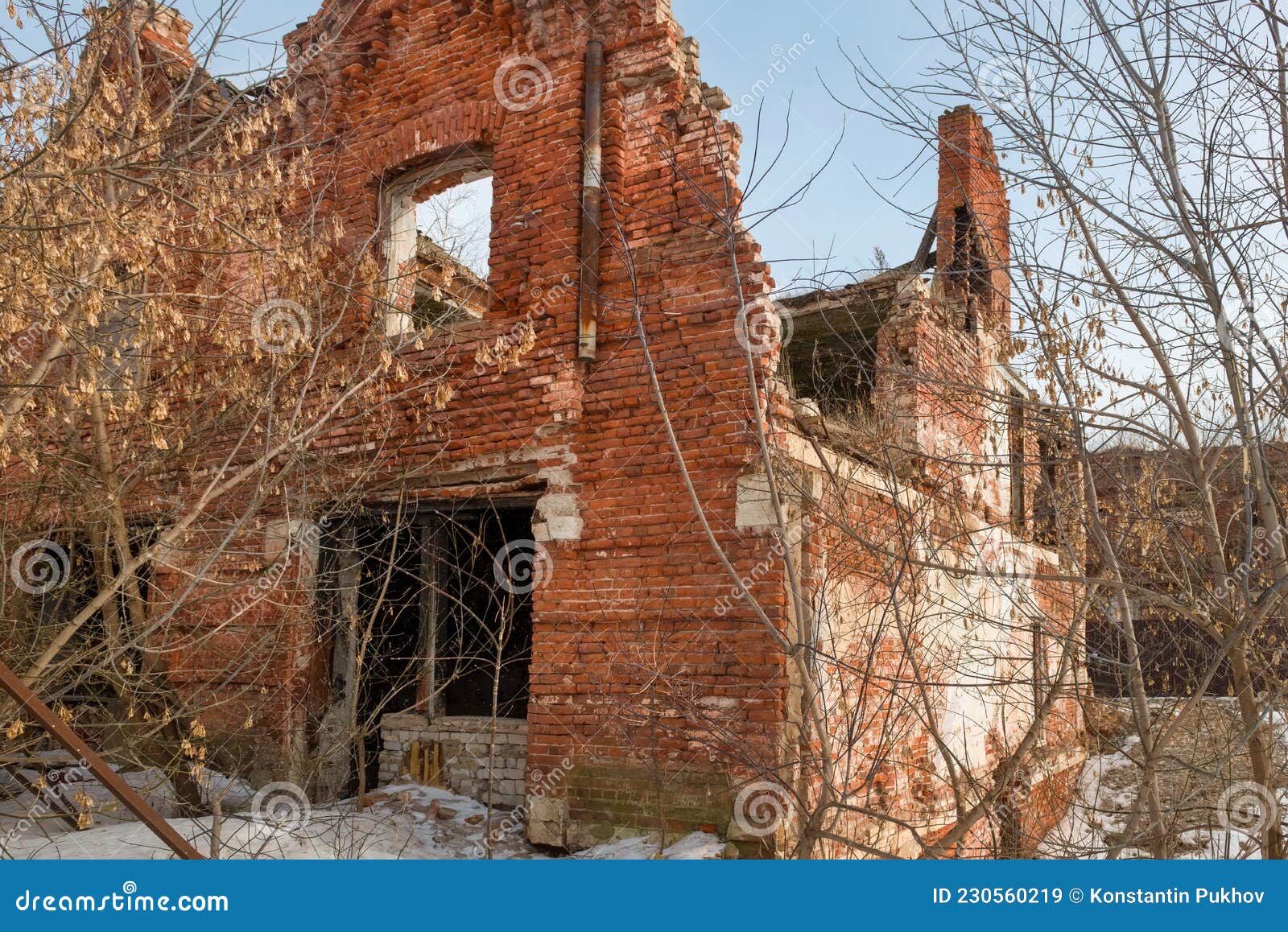 Destroyed Old Brick House Without Roof And With Chimneys, Broken ...
