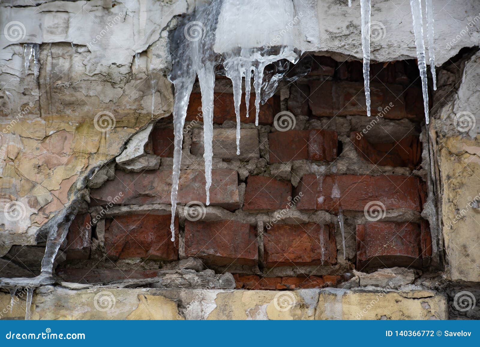 Destroyed Brick Wall Covered with Ice Stock Photo - Image of freeze ...