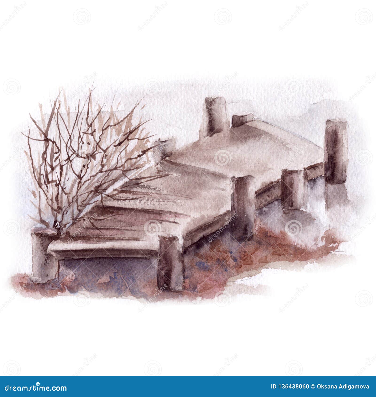 Destroyed Bridge on the Lake. Stock Illustration - Illustration of ...