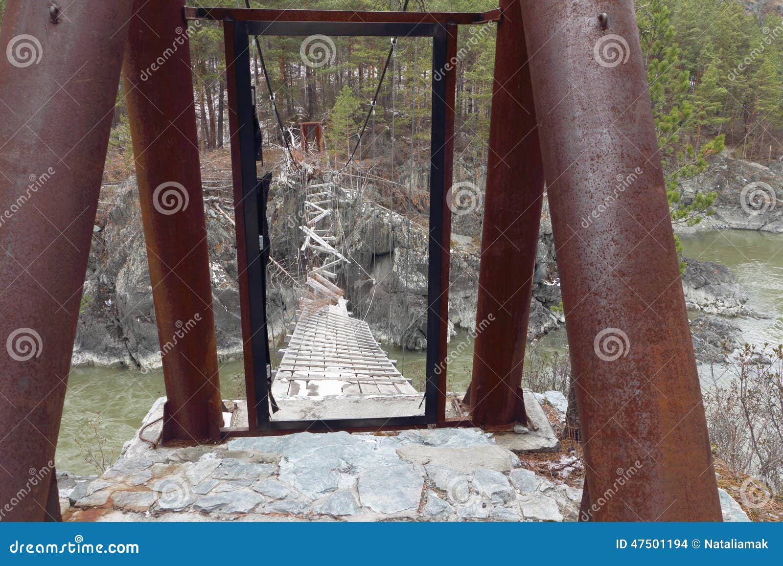 The Destroyed Bridge at the Mountain River Stock Photo - Image of ...