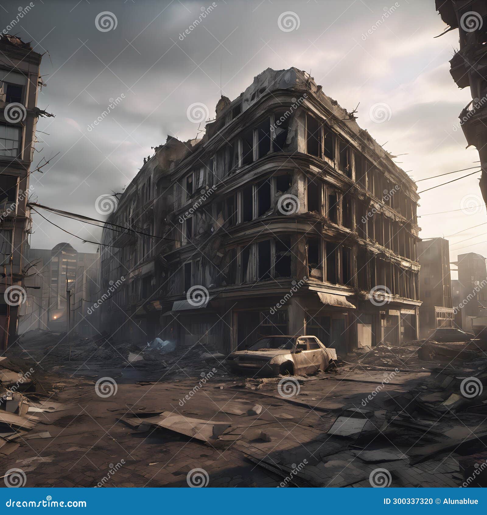 A Destroyed Building with Broken Windows and a Car in Front of it ...