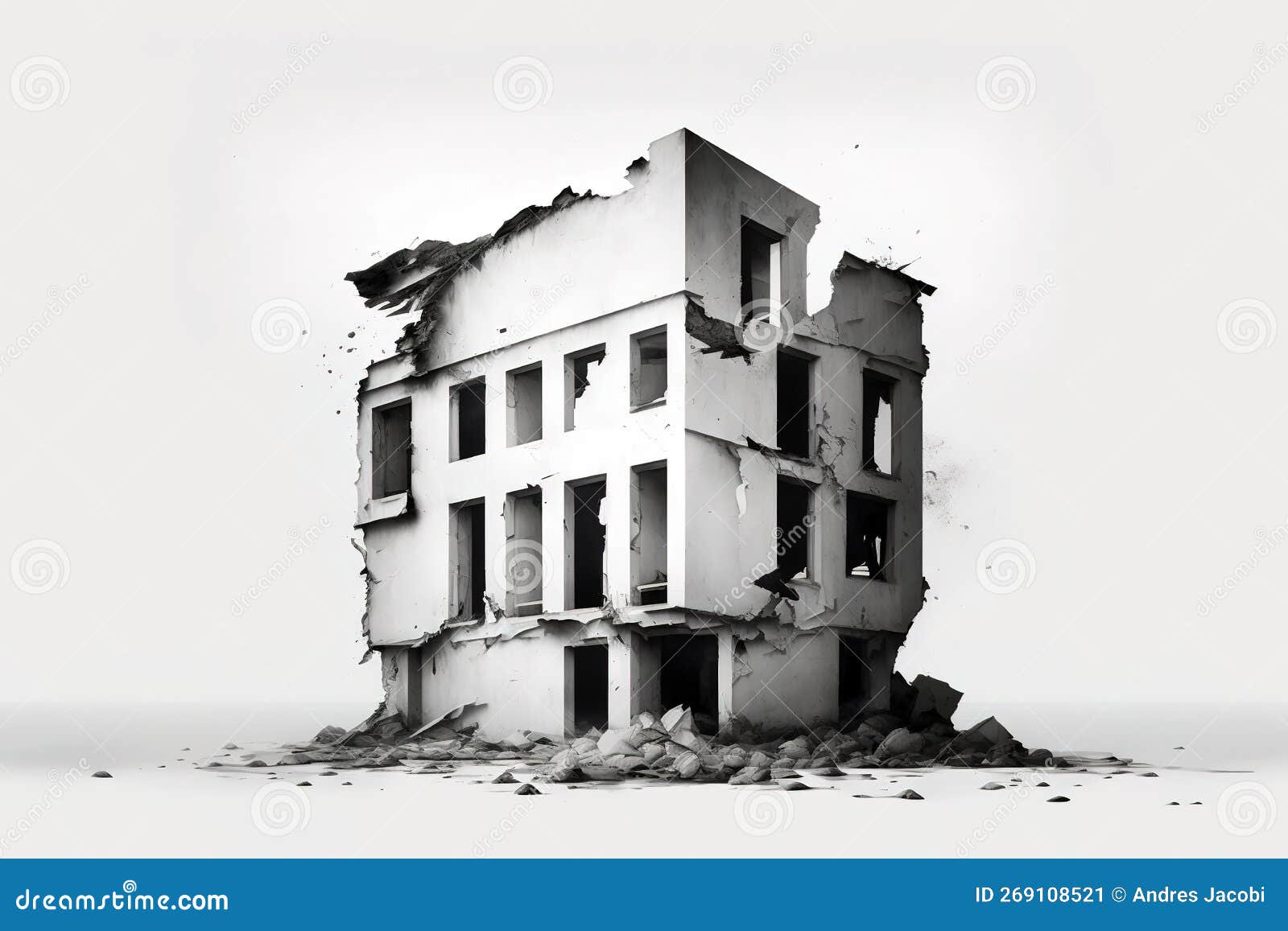 Destroyed Building after Earthquake Banner. 3D Rendering Style Stock ...