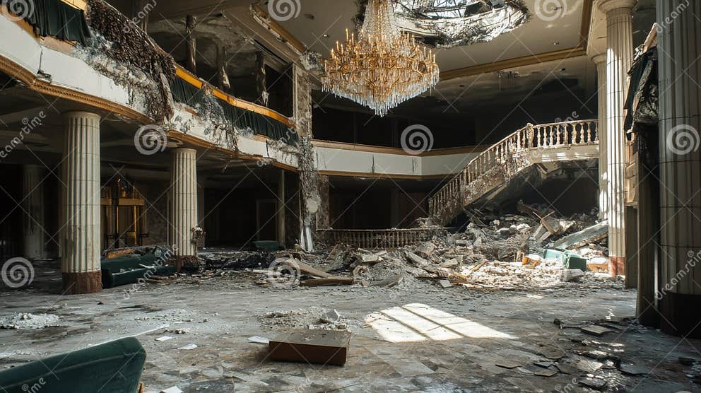 A Destroyed Building Interior with a Fallen Chandelier Stock ...