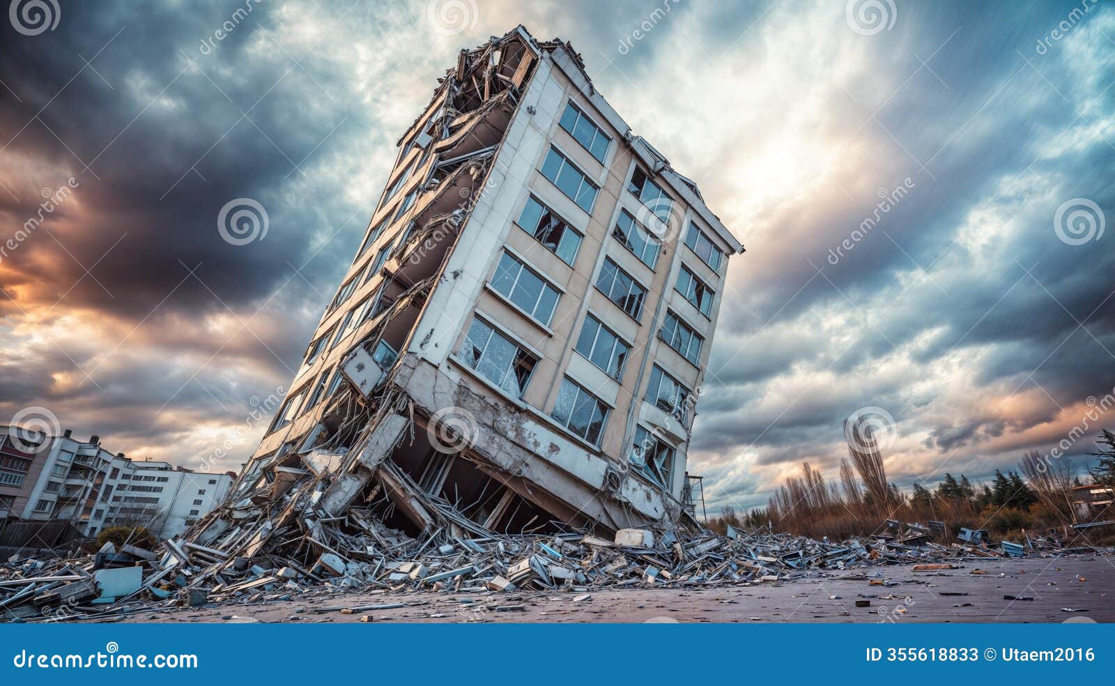 Destroyed Building Leaning after Earthquake at Sunset with Dramatic Sky ...