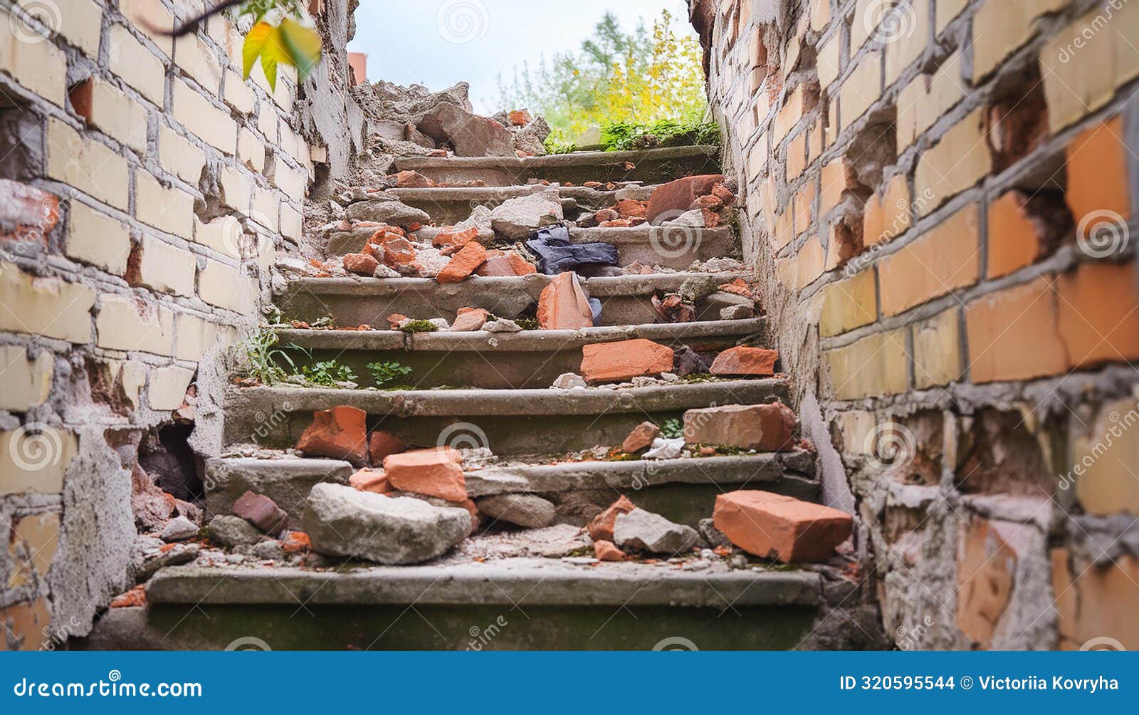 Destroyed Building, Wall with Bricks and Broken Pieces of Concrete ...