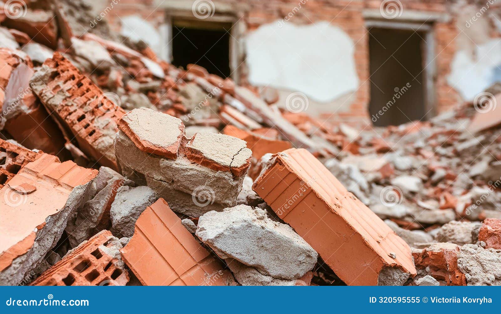 Destroyed Building, Wall with Bricks and Broken Pieces of Concrete ...