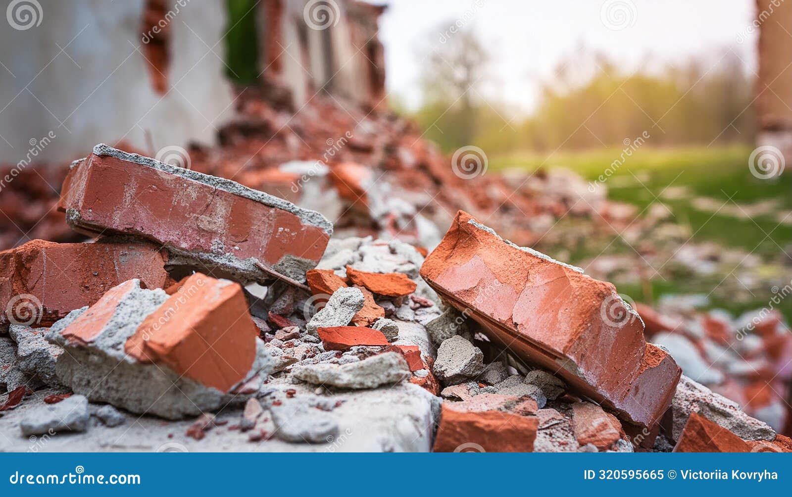 Destroyed Building, Wall with Bricks and Broken Pieces of Concrete ...
