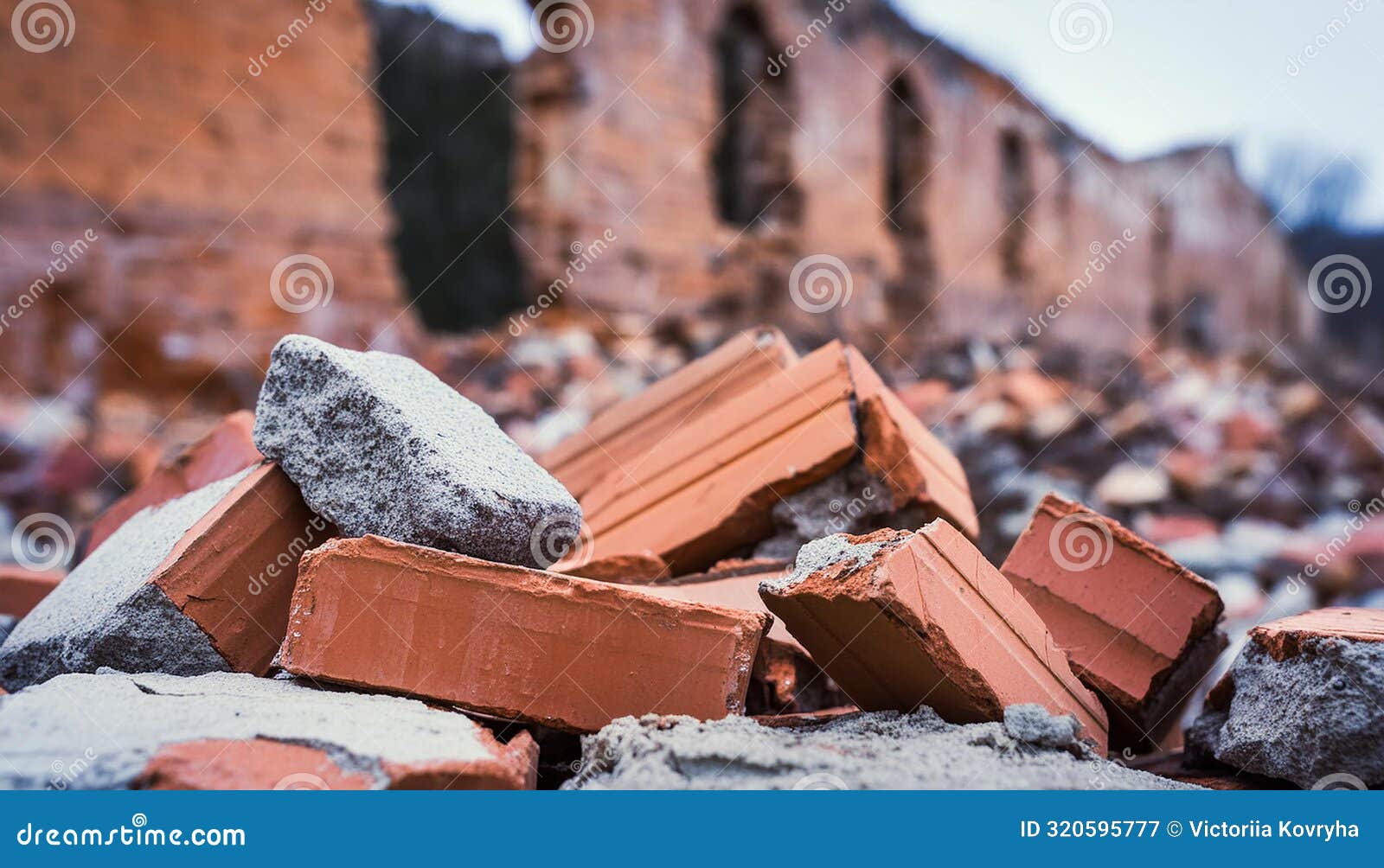 Destroyed Building, Wall with Bricks and Broken Pieces of Concrete ...
