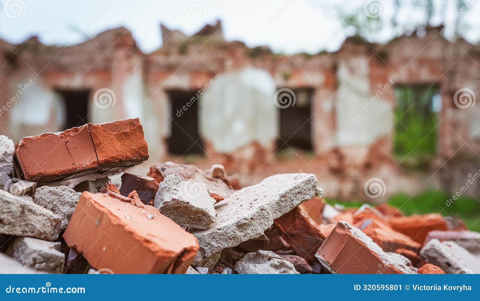 Destroyed Building, Wall with Bricks and Broken Pieces of Concrete ...