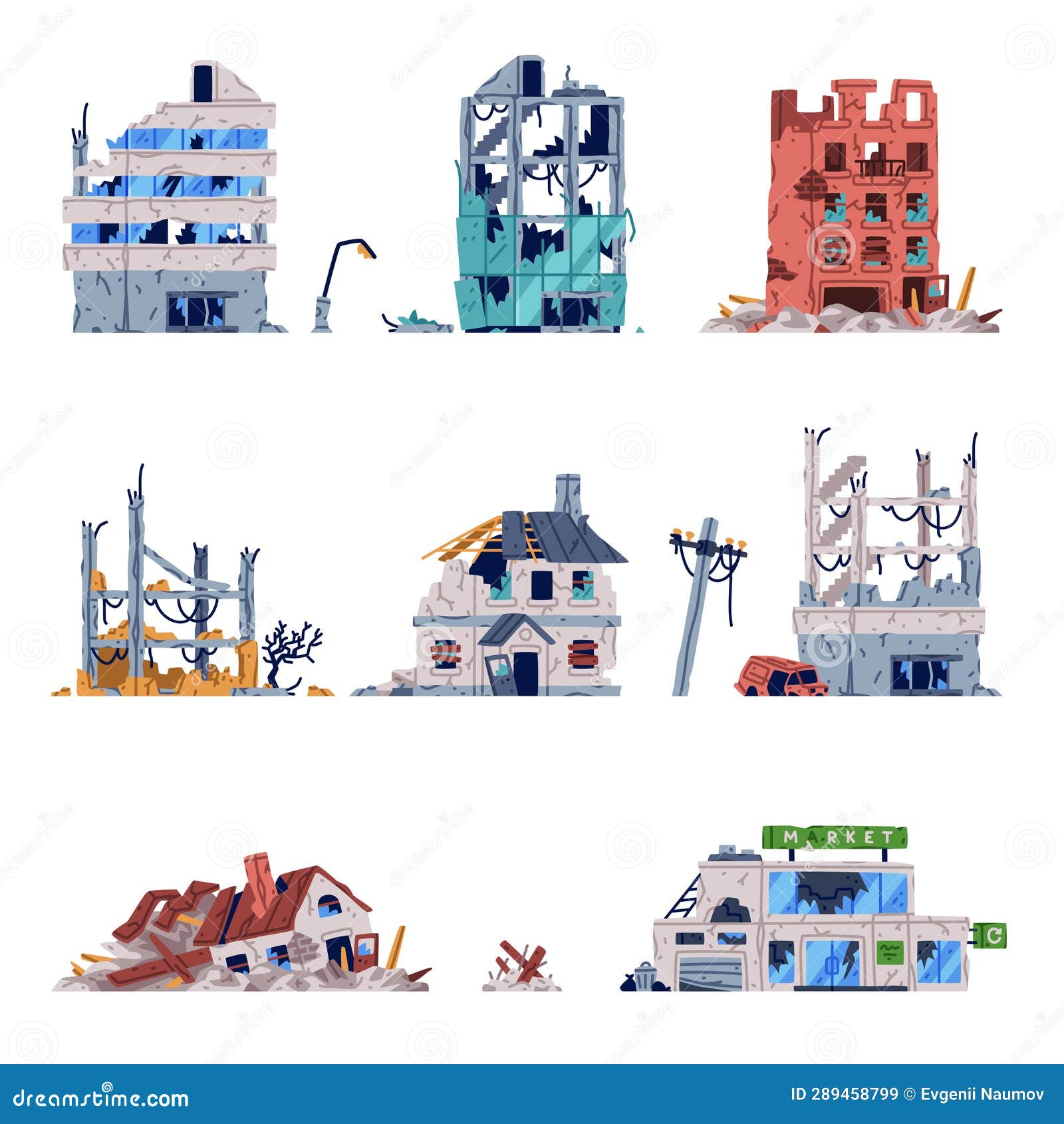 Destroyed Buildings and Broken Ruined Houses Vector Set Stock Vector ...