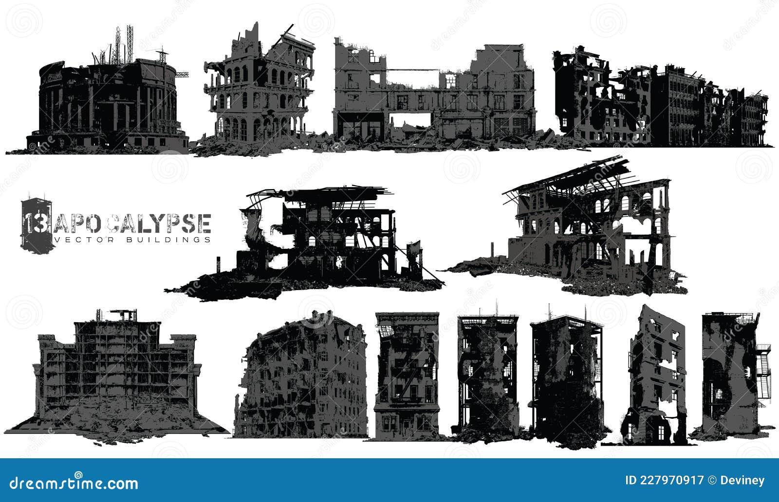 Destroyed buildings stock vector. Illustration of downfall - 227970917