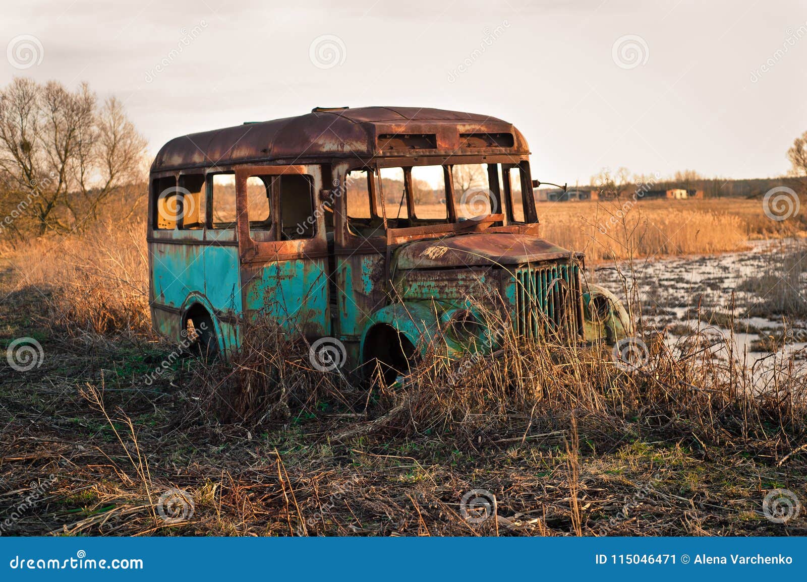 Destroyed Bus during Sunset Stock Image - Image of forgotten, junker ...