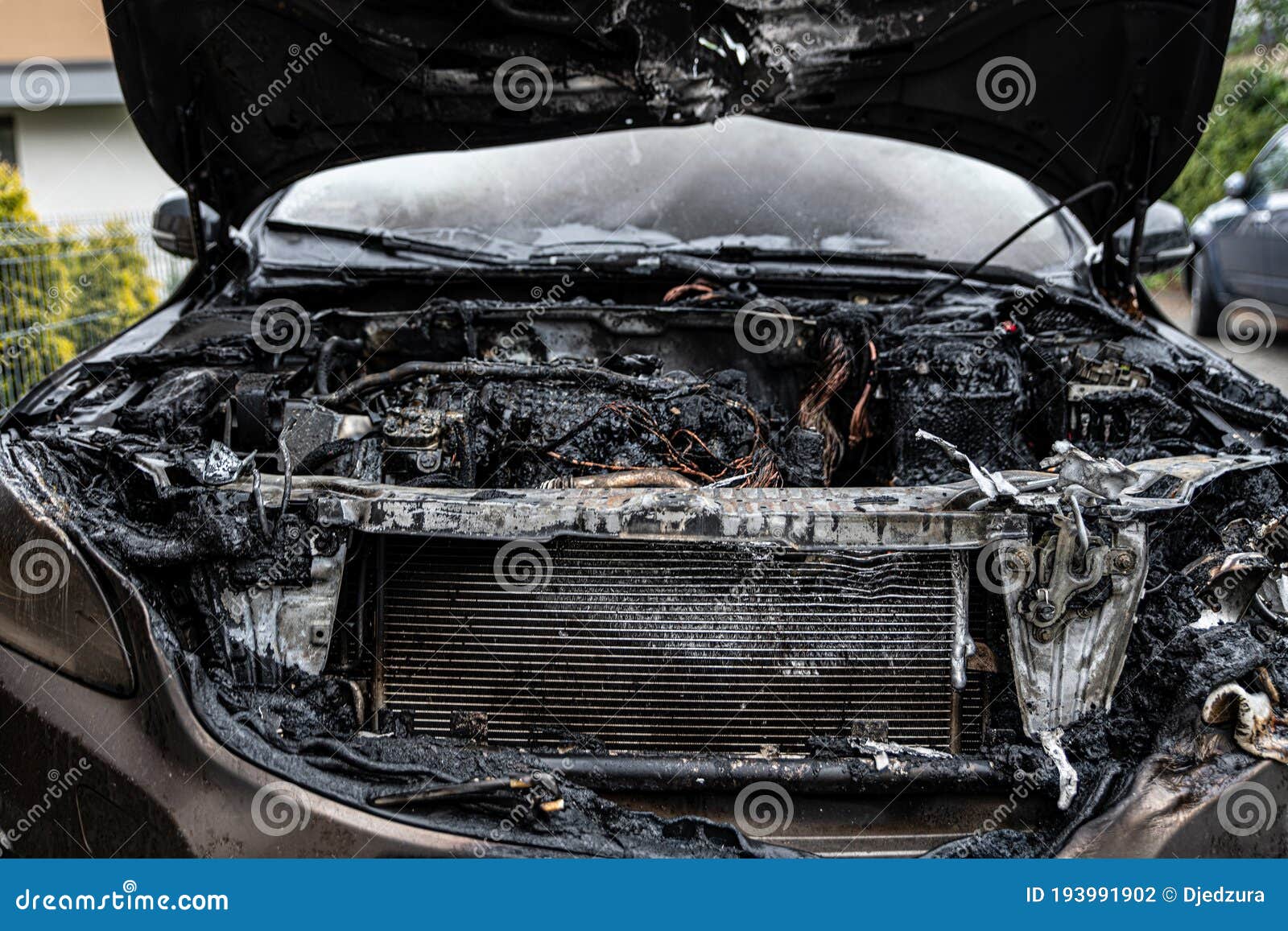 Destroyed Car after Fire. Burnt Modern Car Engine. Stock Photo - Image ...