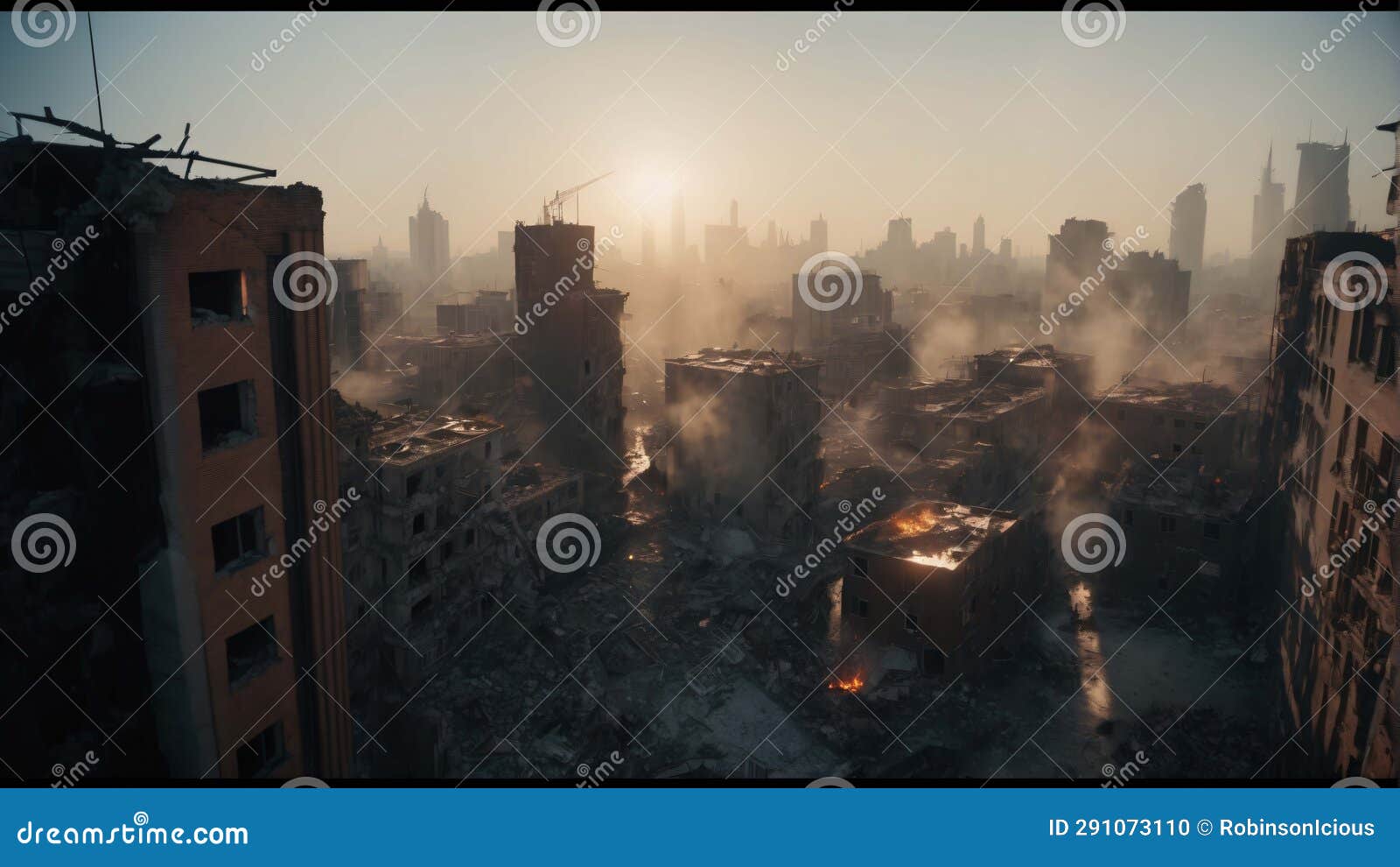 Destroyed City in War with Sunset in Background. Highly Detailed and ...