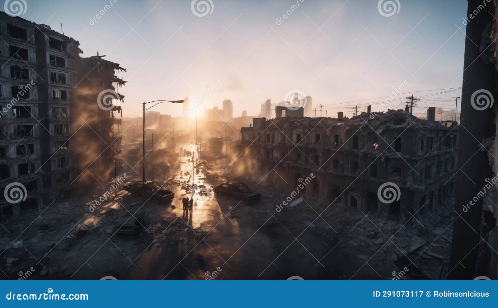 Destroyed City in War with Sunset in Background. Highly Detailed and ...