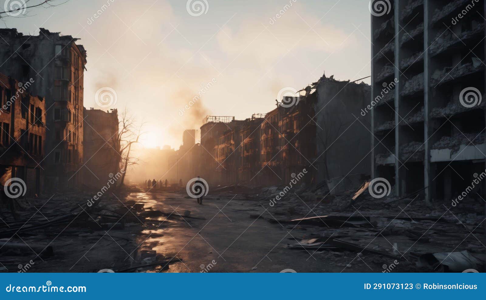 Destroyed City in War with Sunset in Background. Highly Detailed and ...