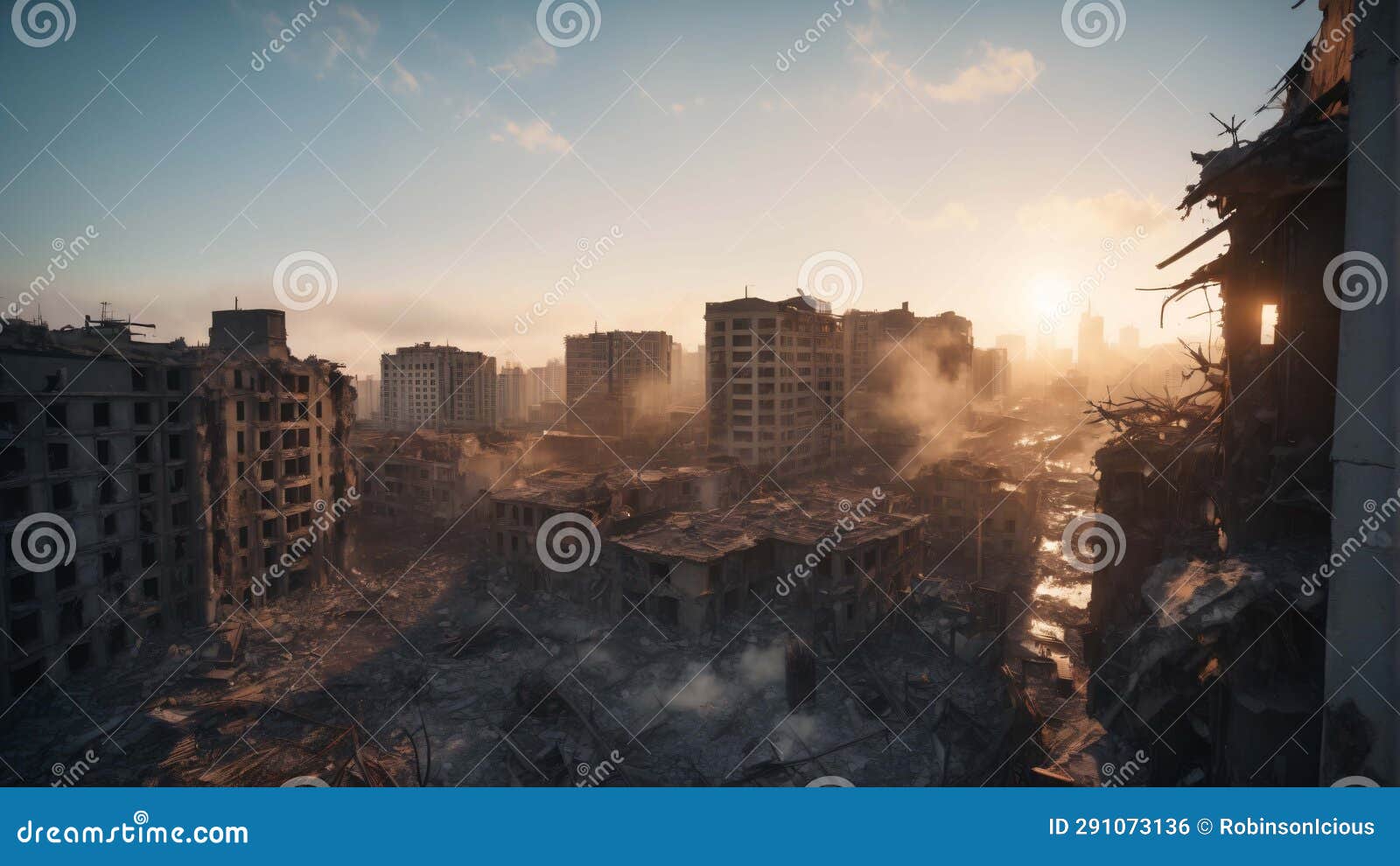 Destroyed City in War with Sunset in Background. Highly Detailed and ...