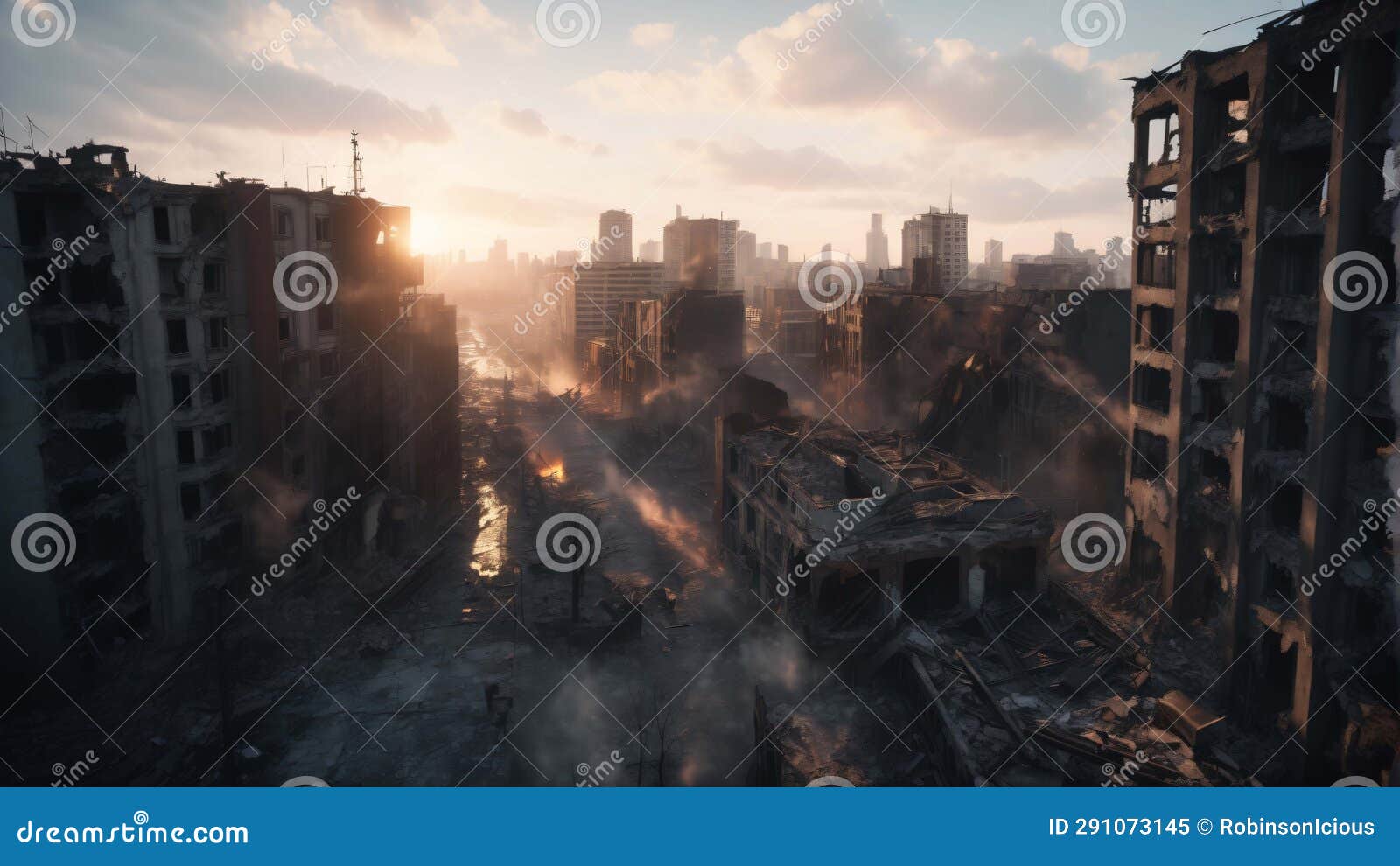 Destroyed City in War with Sunset in Background. Highly Detailed and ...