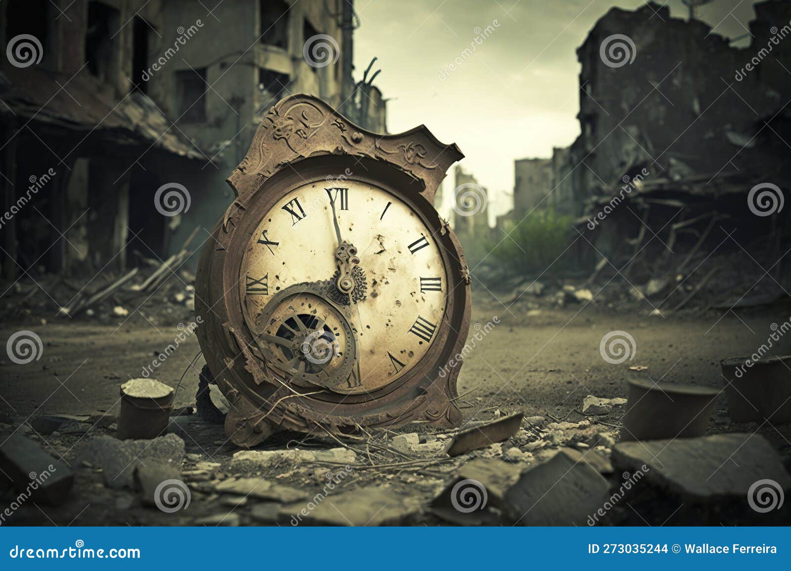 Destroyed Clock in a City at the End of Time. Generative AI. Stock ...
