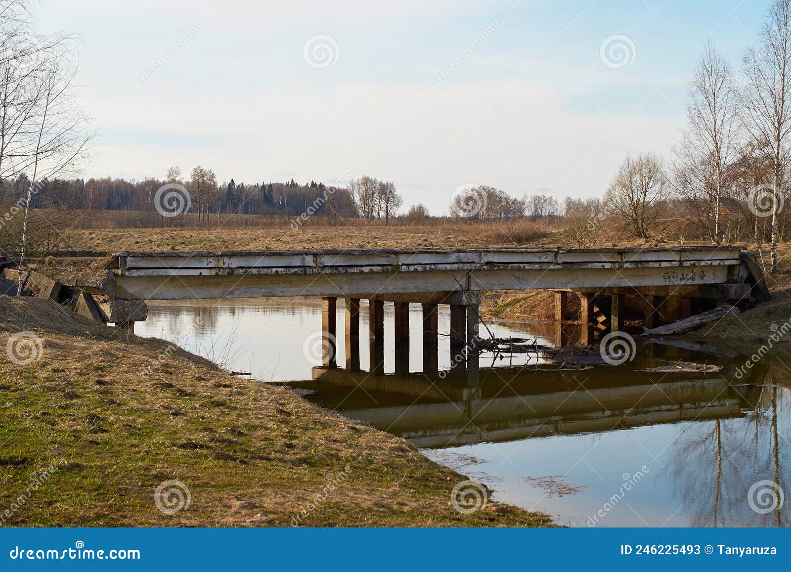 The Destroyed Concrete Bridge Over the River. Landscape, Horizontal ...