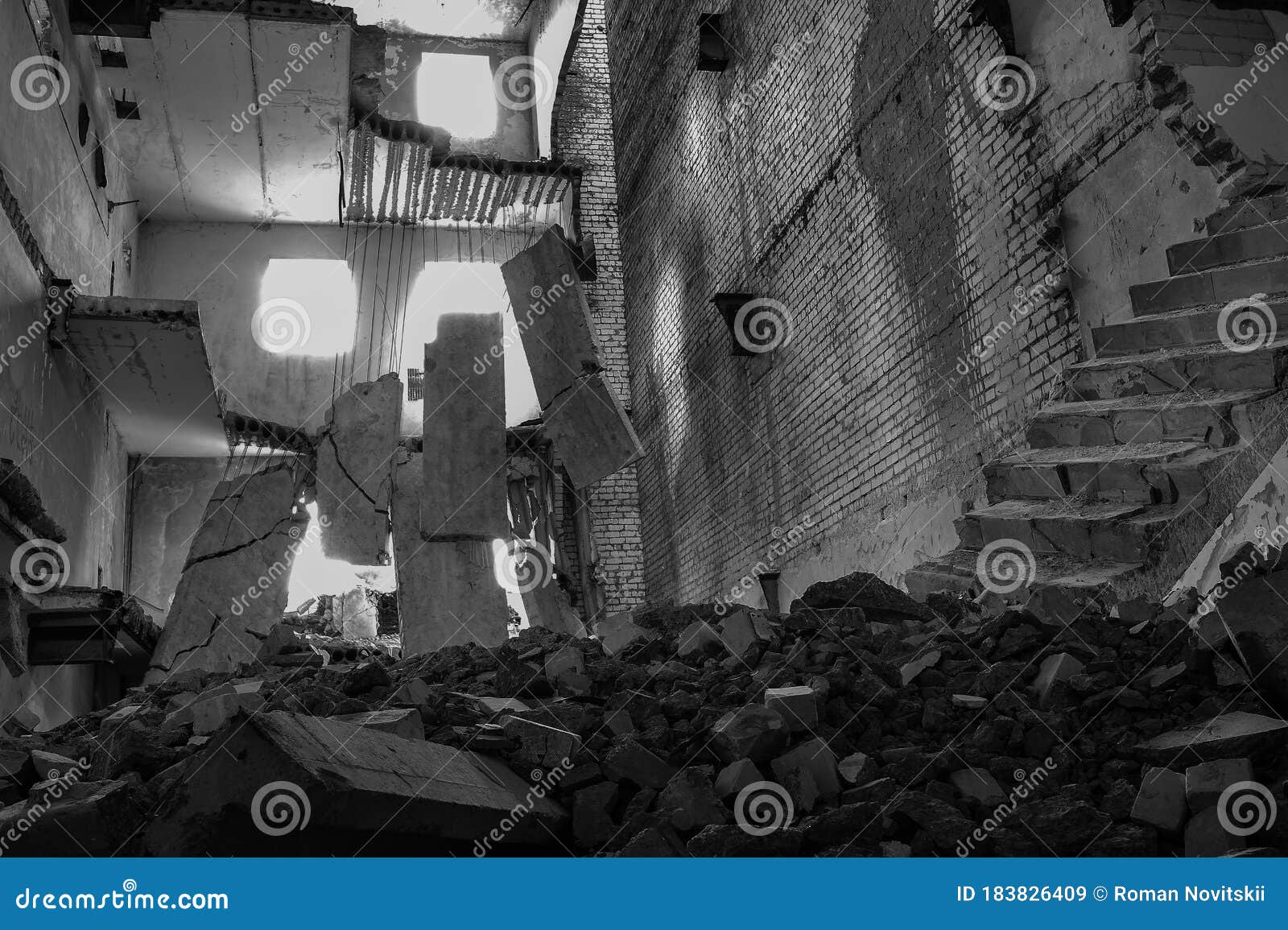 Destroyed Concrete Building Inside with a Pile of Construction Debris ...