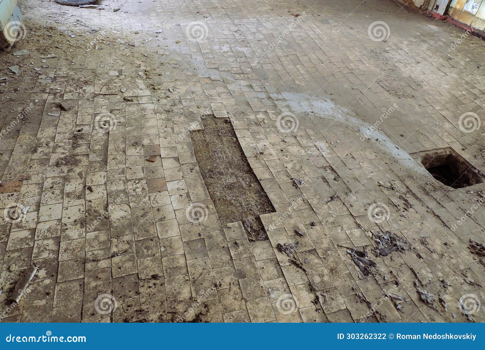 Destroyed Concrete Flooring with Tile Surface Due To Subsidence of the ...