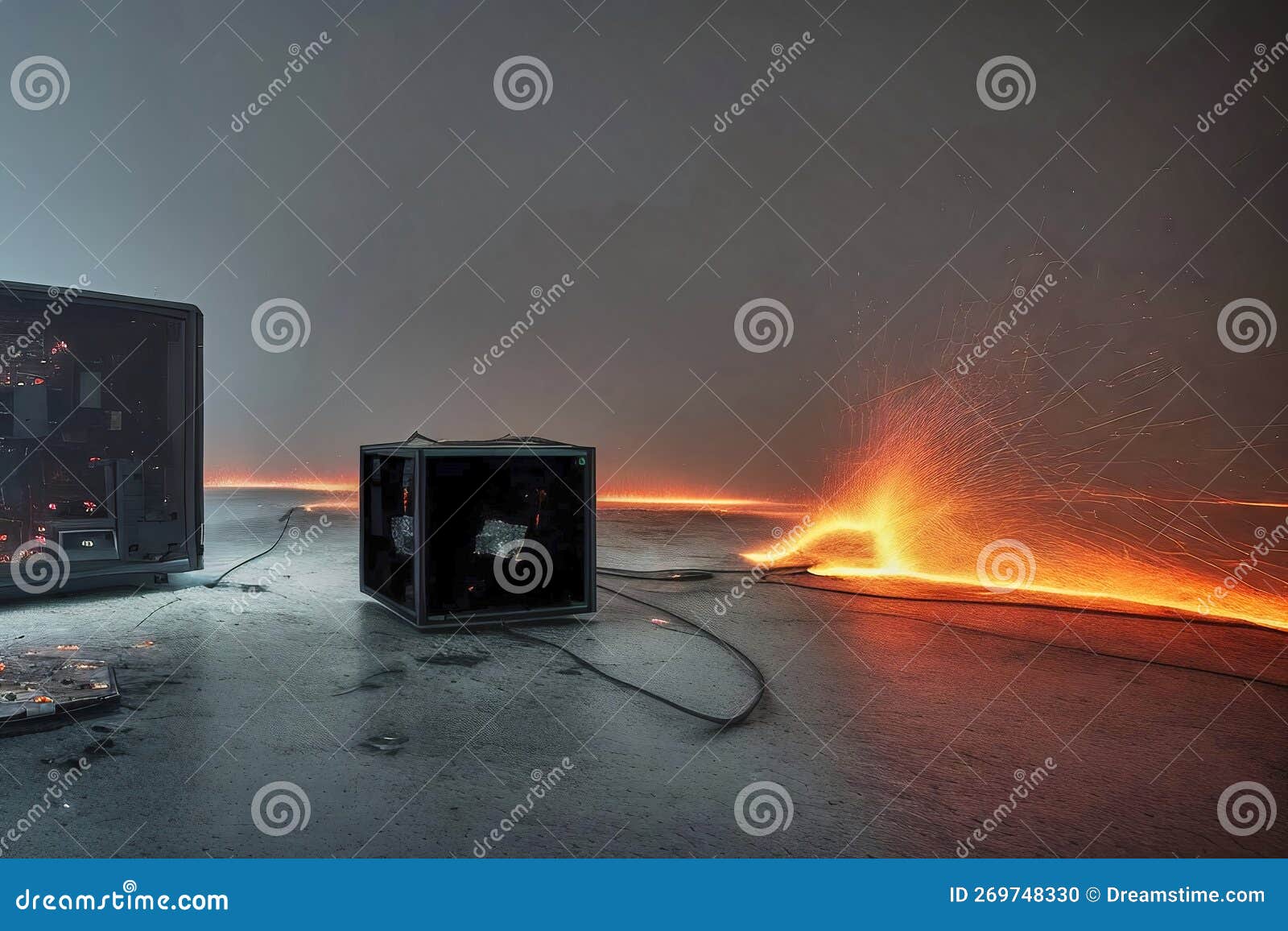 Destroyed Cube-shaped Electronic Devices Such As Computers on an Empty ...