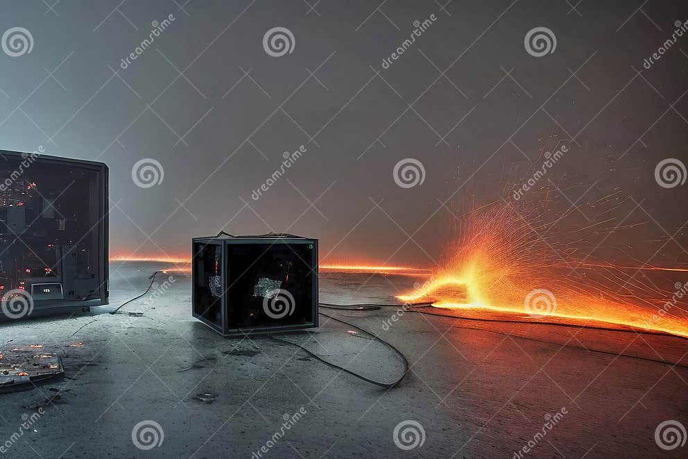 Destroyed Cube-shaped Electronic Devices Such As Computers on an Empty ...