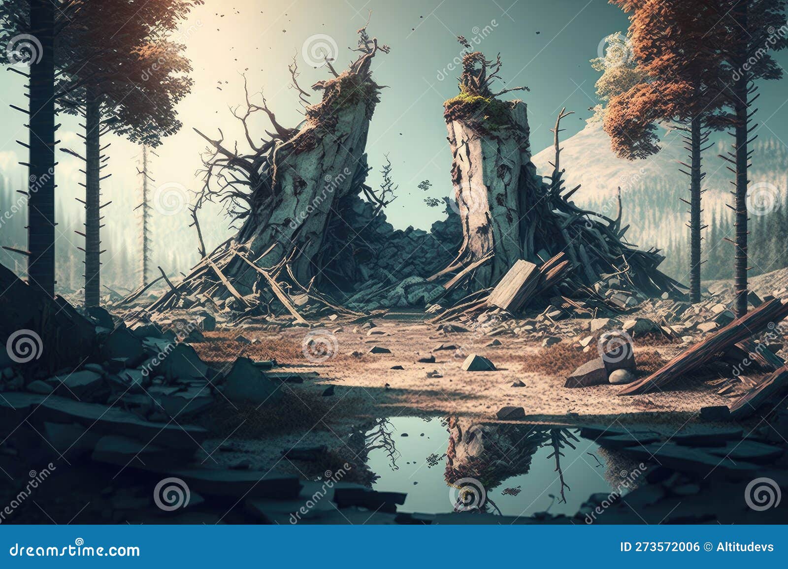 Destroyed Environment, with Broken Trees and Rubble on the Ground Stock ...