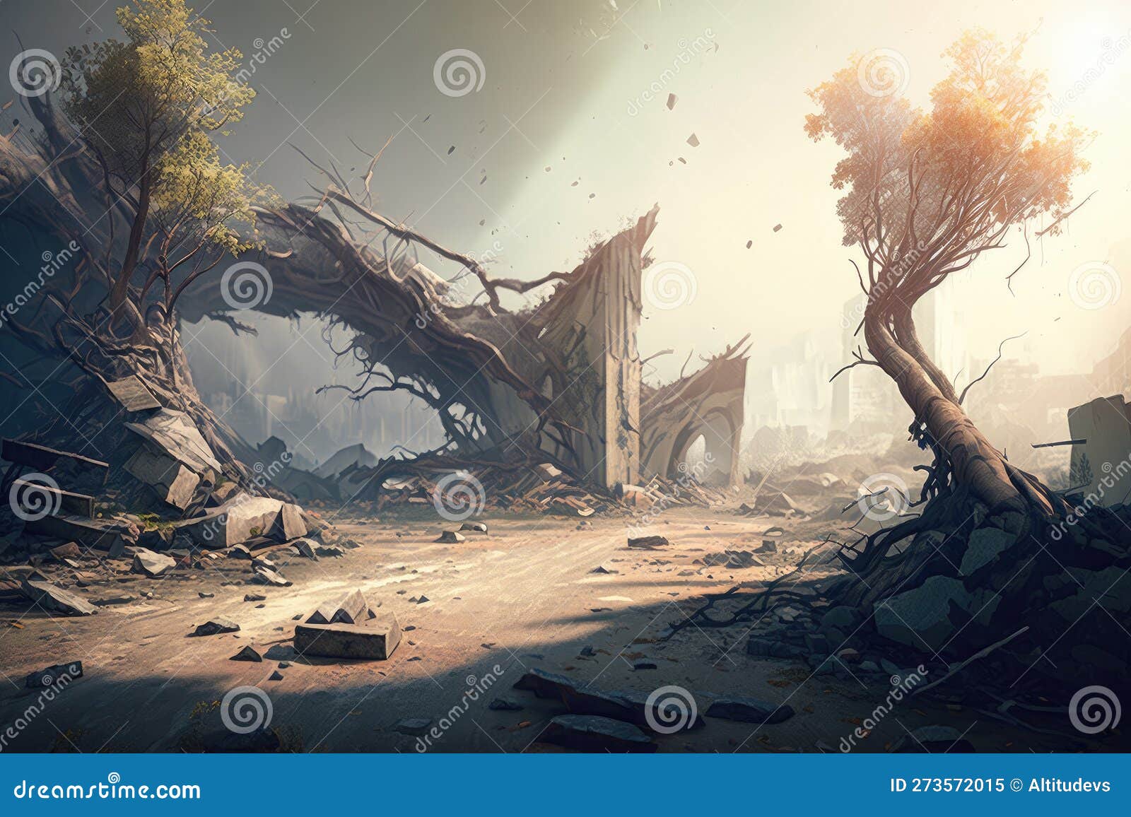 Destroyed Environment, with Broken Trees and Rubble on the Ground Stock ...