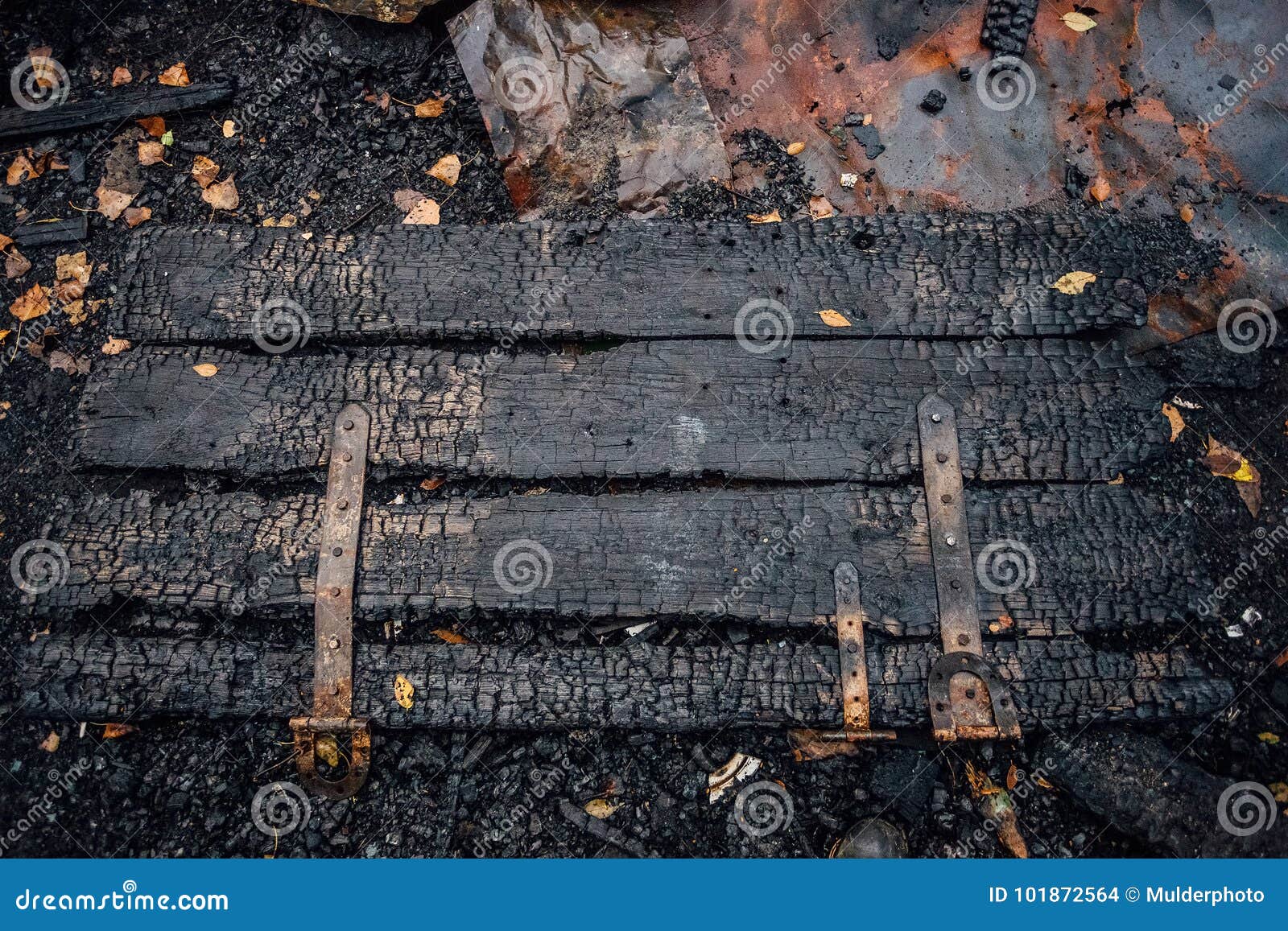 Destroyed by Fire Wooden Door of Completely Burned House on the Ground ...