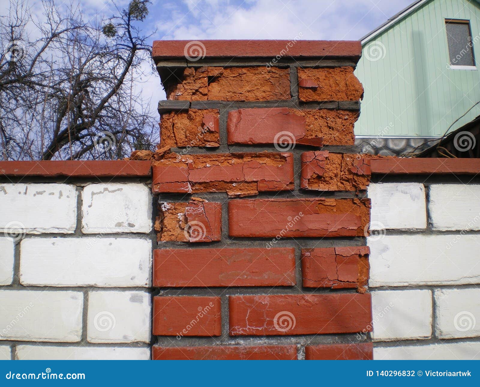 Destroyed by Frost and Moisture Red Brick Laying after Winter Stock ...