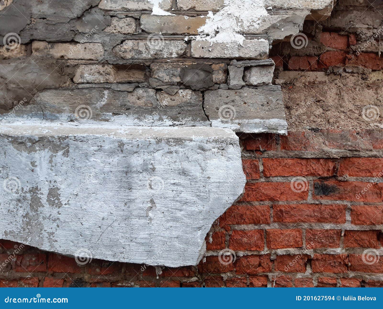 Destroyed Gray Plaster on a Red Brick Wall. Background Stock Photo ...