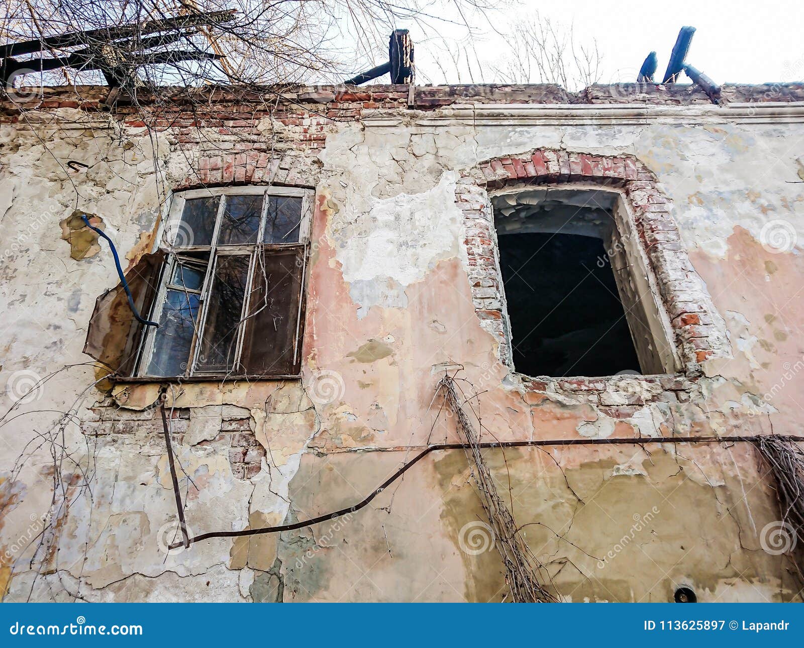 Destroyed House after a Fire. Old Brick Building with Windows Stock ...