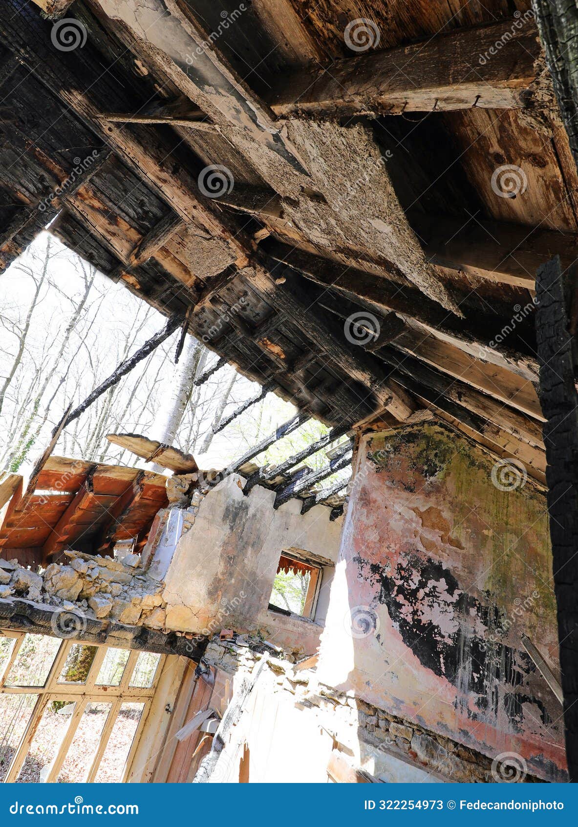 Destroyed House with the Roof Collapsed after the Terrible Fire that ...