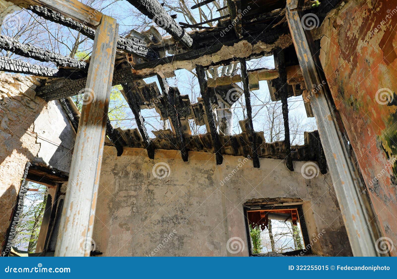 Destroyed House with the Roof Collapsed after the Terrible Fire that ...