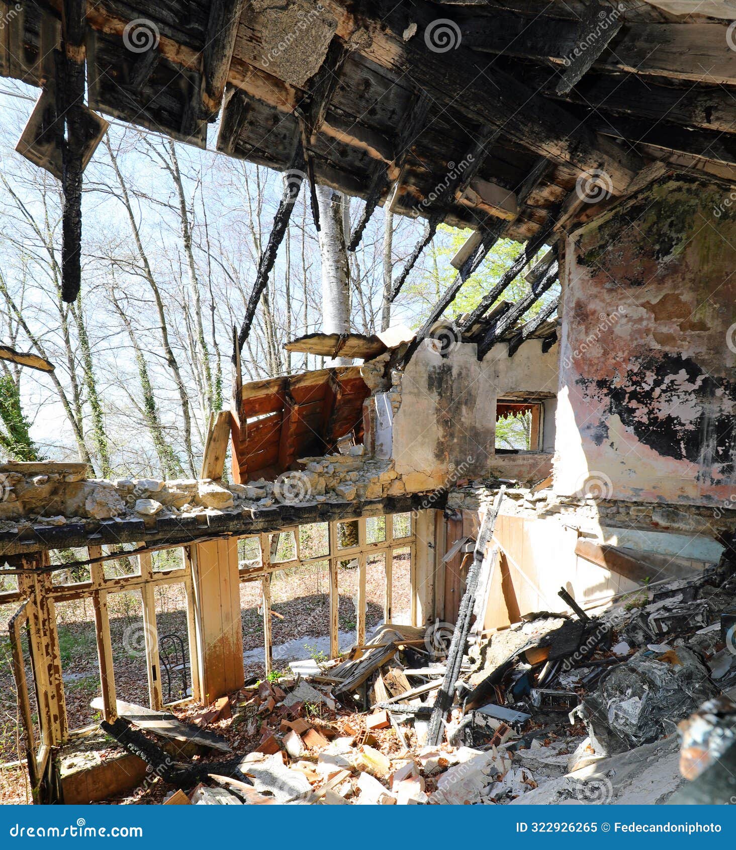Destroyed House with the Roof Collapsed after the Terrible Fire that ...