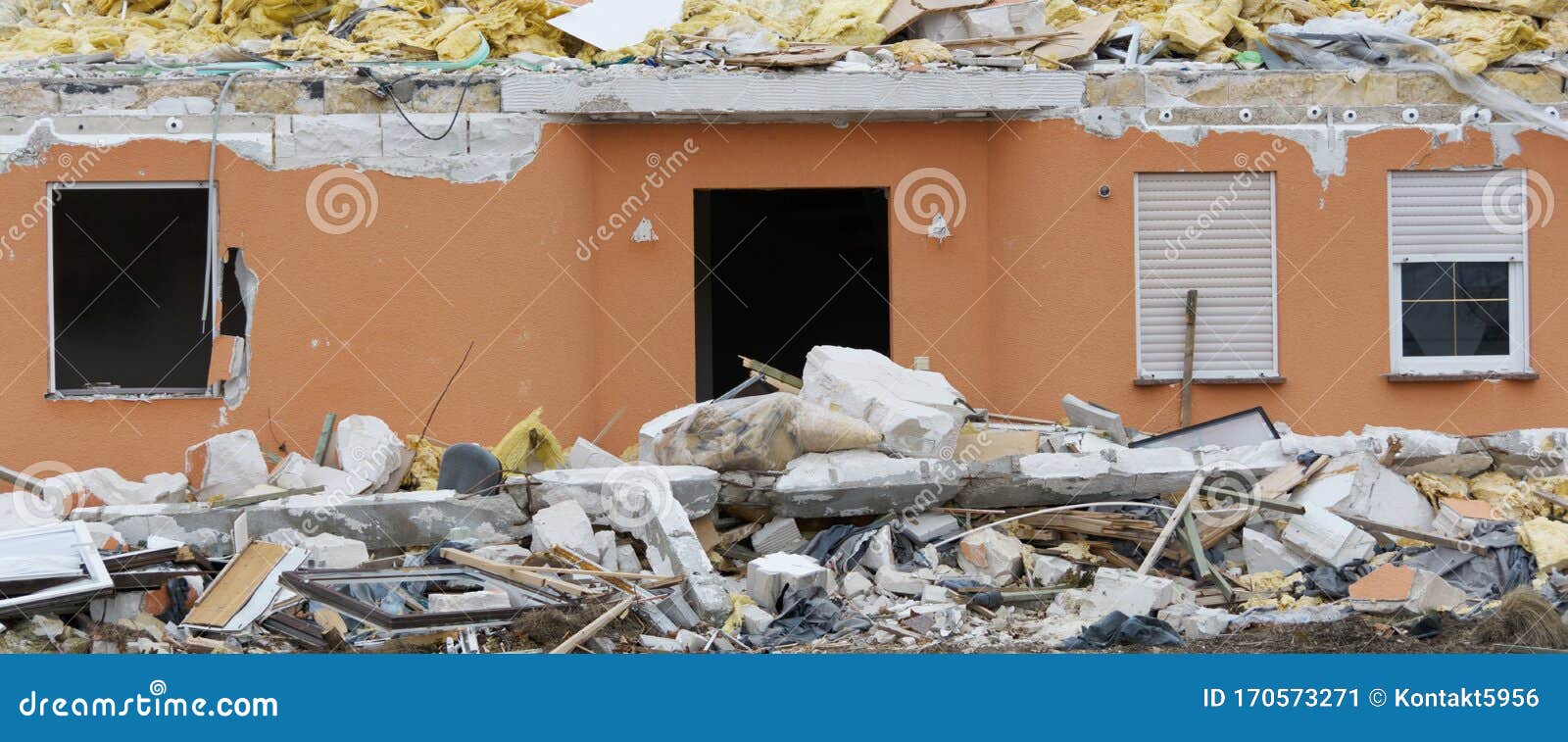 Destroyed House with Wreckage in Foreground in Panoramic Format Stock ...