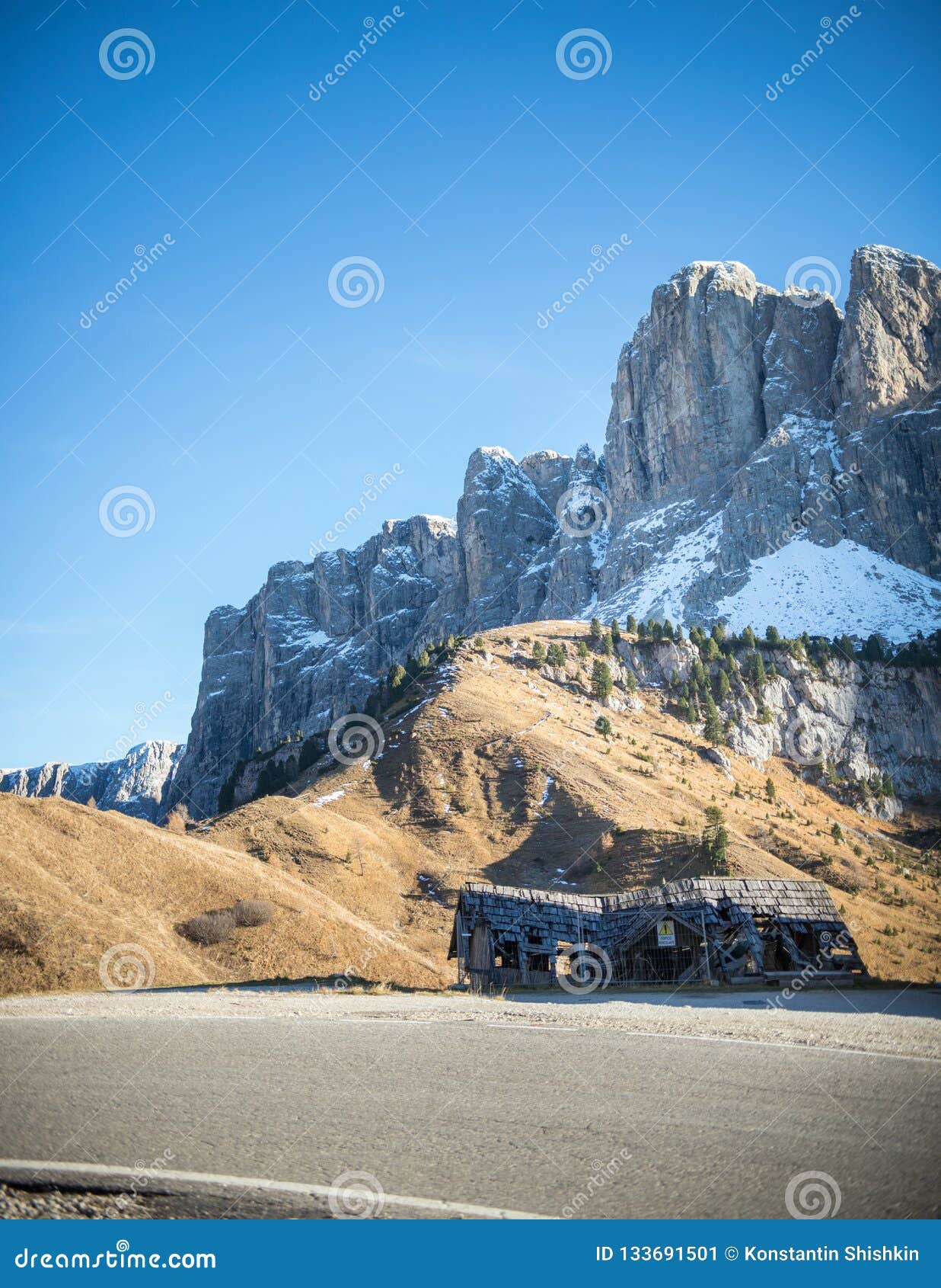 Destroyed Hut on the Roadside of the Mountains in the Background Stock ...