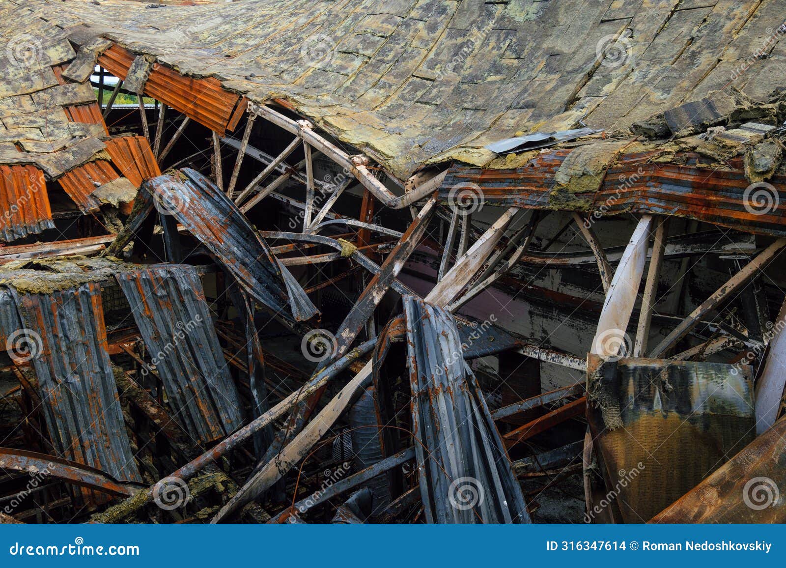 Destroyed Industrial Building. Insulated Roof Structures of an ...