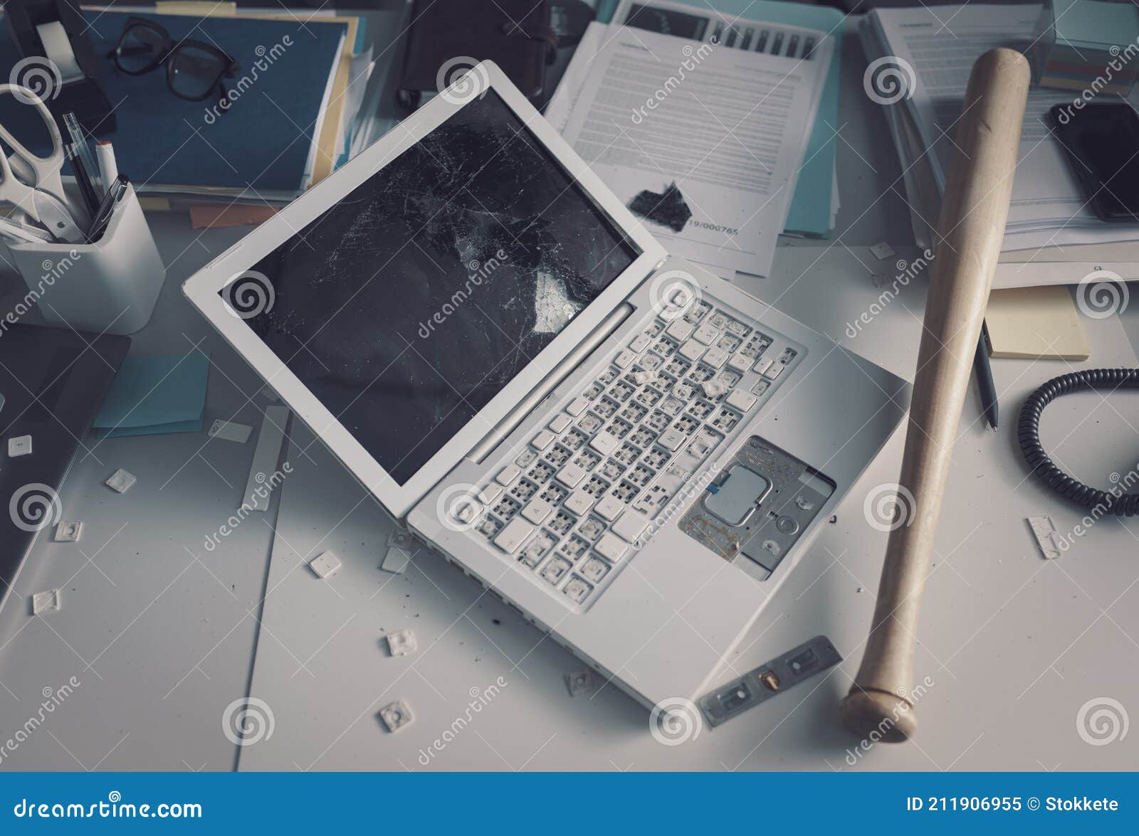 Destroyed Laptop and Baseball Bat Stock Image - Image of break ...