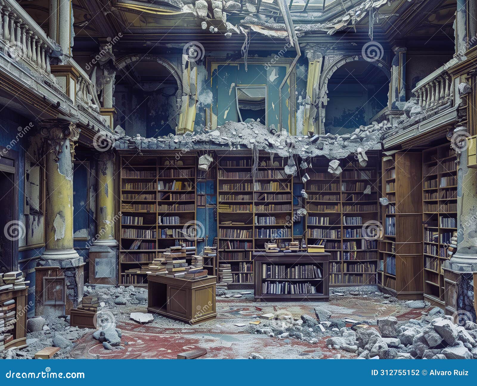 A Destroyed Library with Books Scattered Everywhere Stock Photo - Image ...