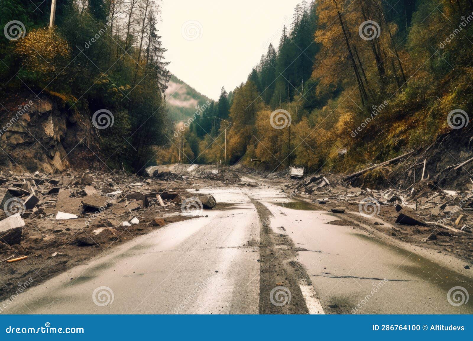 Destroyed Road with Debris and Mud from Landslide Stock Illustration ...