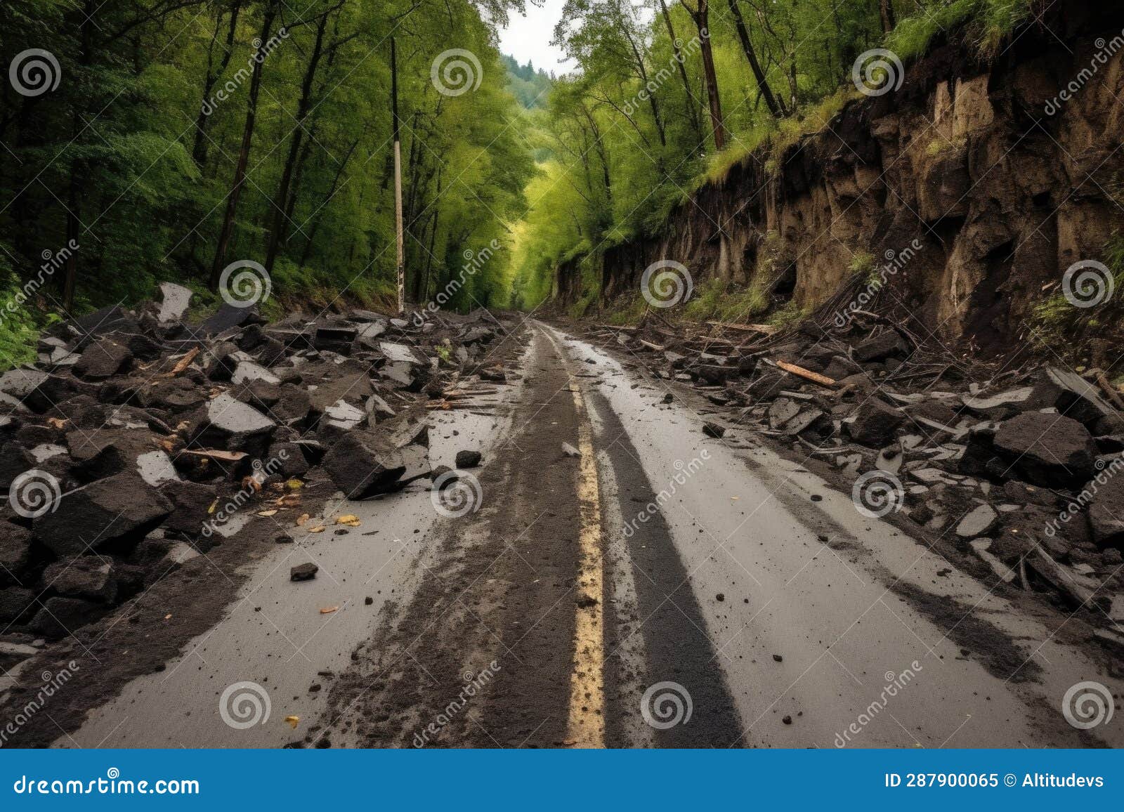 Destroyed Road with Debris and Mud from Landslide Stock Illustration ...