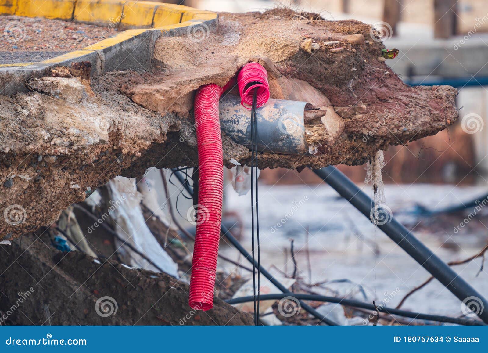 Destroyed Road after Storm with Broken Pipes Out Stock Photo - Image of ...